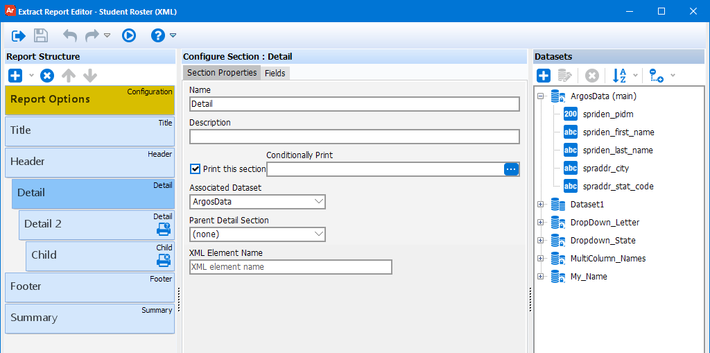 Extract Report Editor - Main Screen